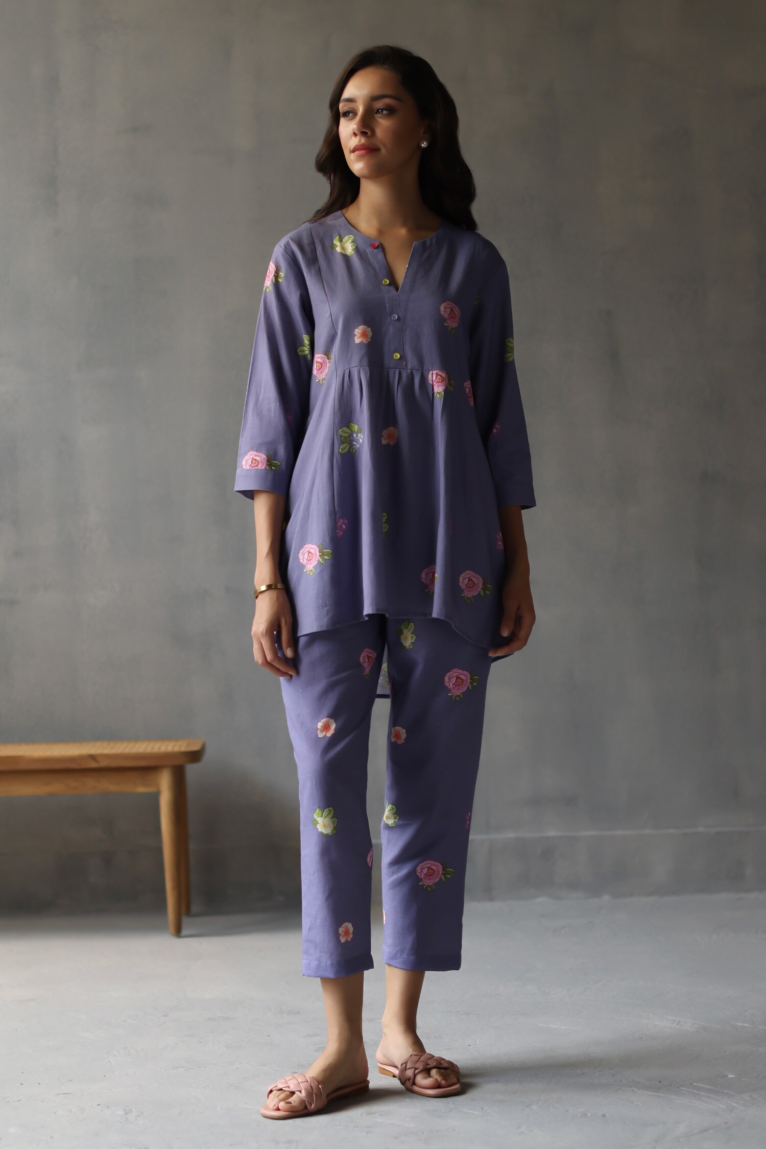 Buy Purple Linen Hand Painted Floral Notched Bloom Top For Women by ...