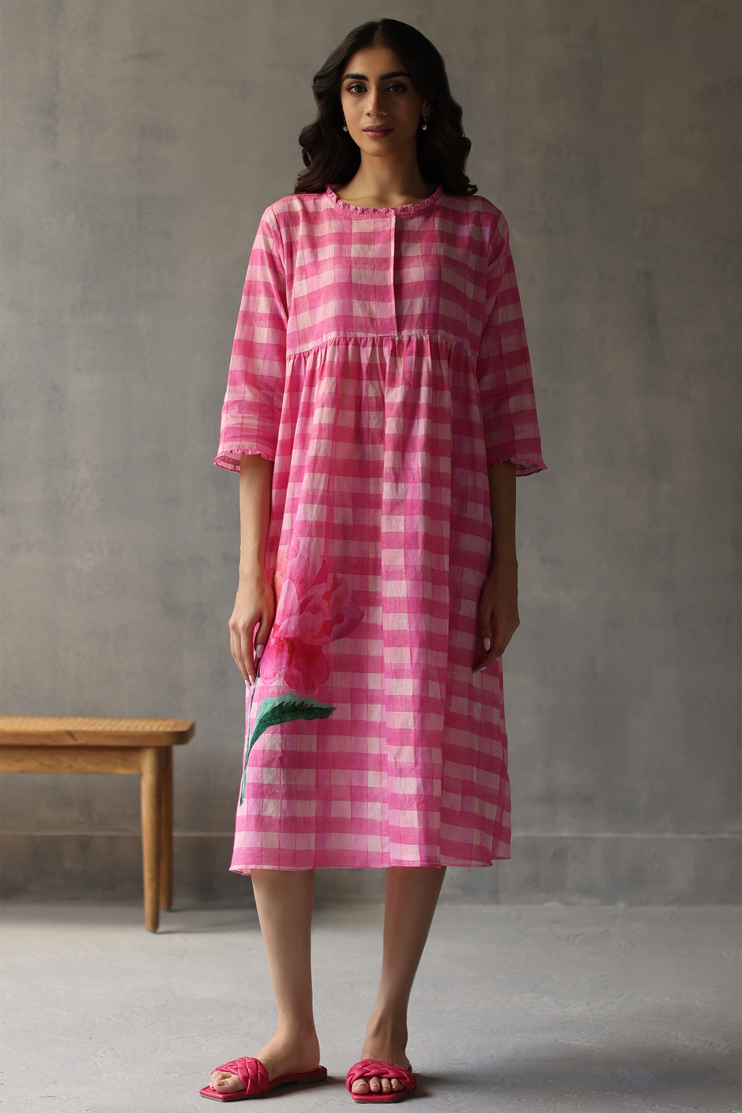 Buy Pink Linen Hand Drawn Checks Round Seville Flower Pattern Dress For ...