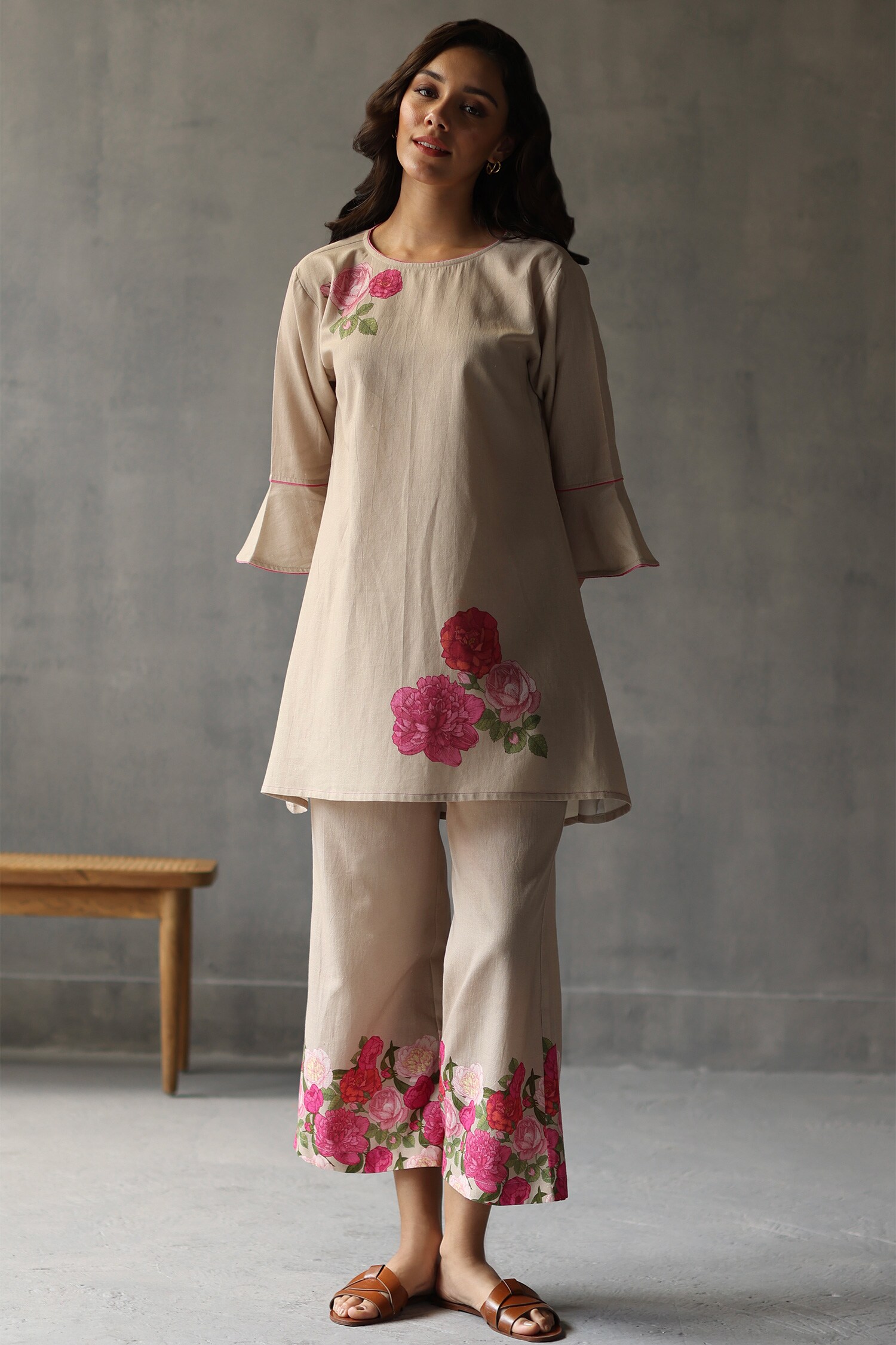 Buy Beige Linen Watercolor Flowers Round Peony Pattern Tunic For Women ...
