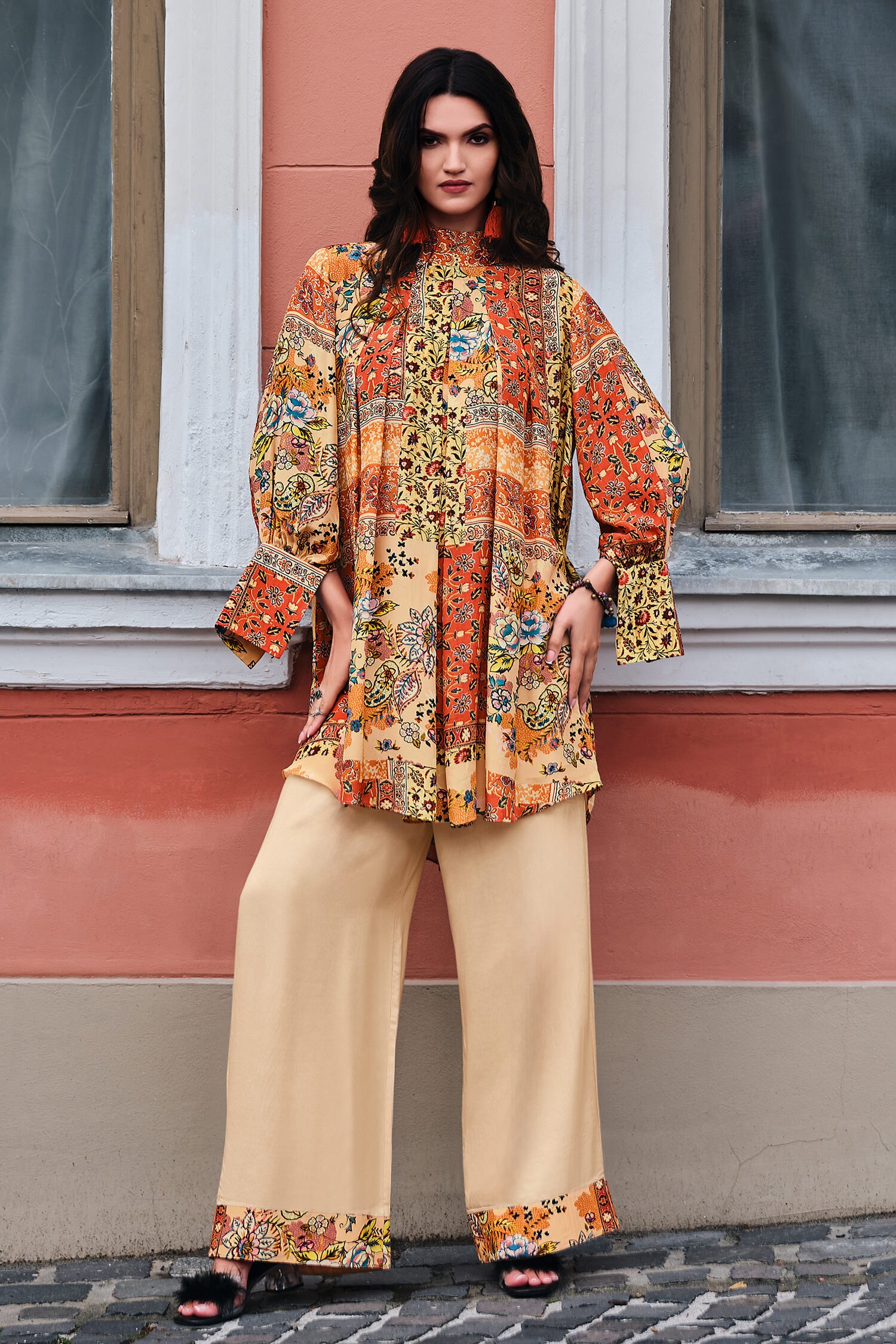 Buy Multi Color Top: Viscose Woven Muslin Printed Floral High And Pant ...