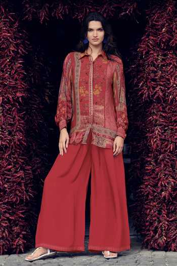 Buy Red Shirt: Viscose Woven Muslin Printed Floral Collar And Pant Set ...