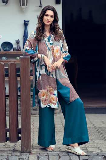 Buy Blue Top: Viscose Woven Muslin Printed Floral Stand Tunic And Pant ...