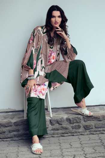 Buy Green Top: Viscose Woven Muslin Printed Pattern Tunic And Pant Set ...