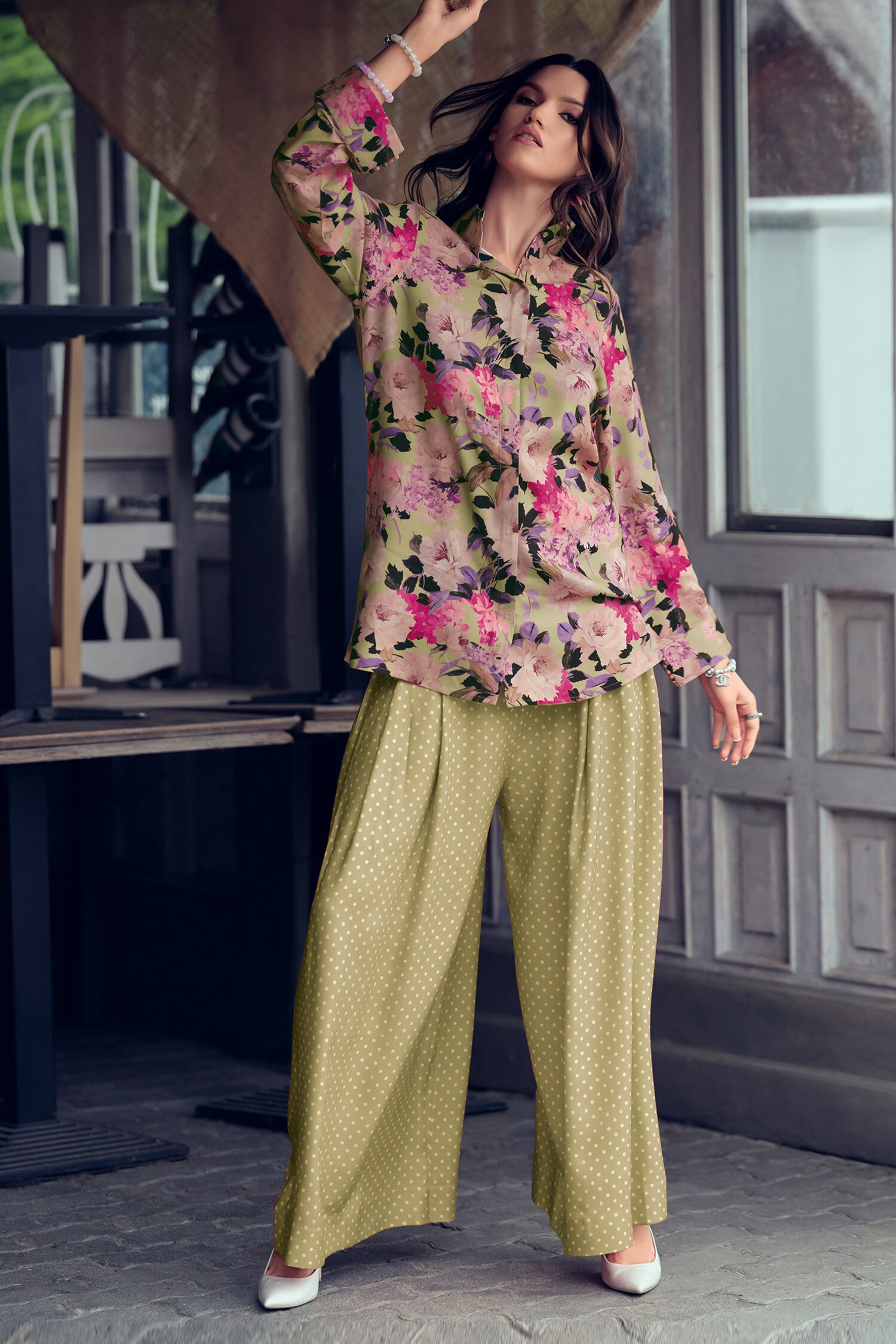 Buy Green Viscose Woven Muslin Printed Flower Spread Shirt And Pant Set ...