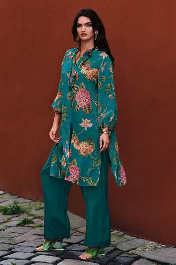 Buy Blue Tunic: Viscose Woven Muslin Printed Floral And Flared Pant Set ...