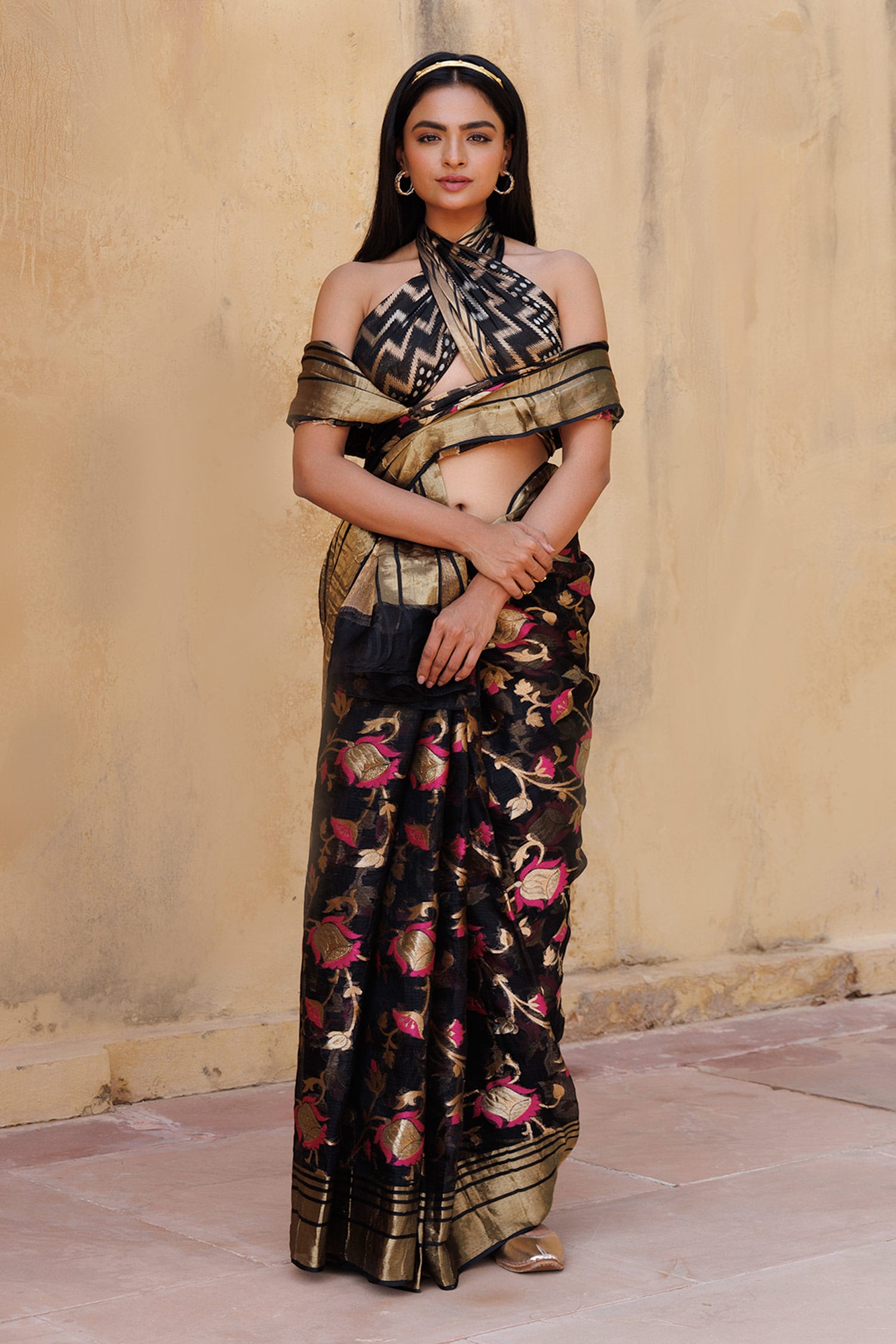 Buy Black Kota Silk Floral Pattern Saree With Unstitched Blouse Piece ...