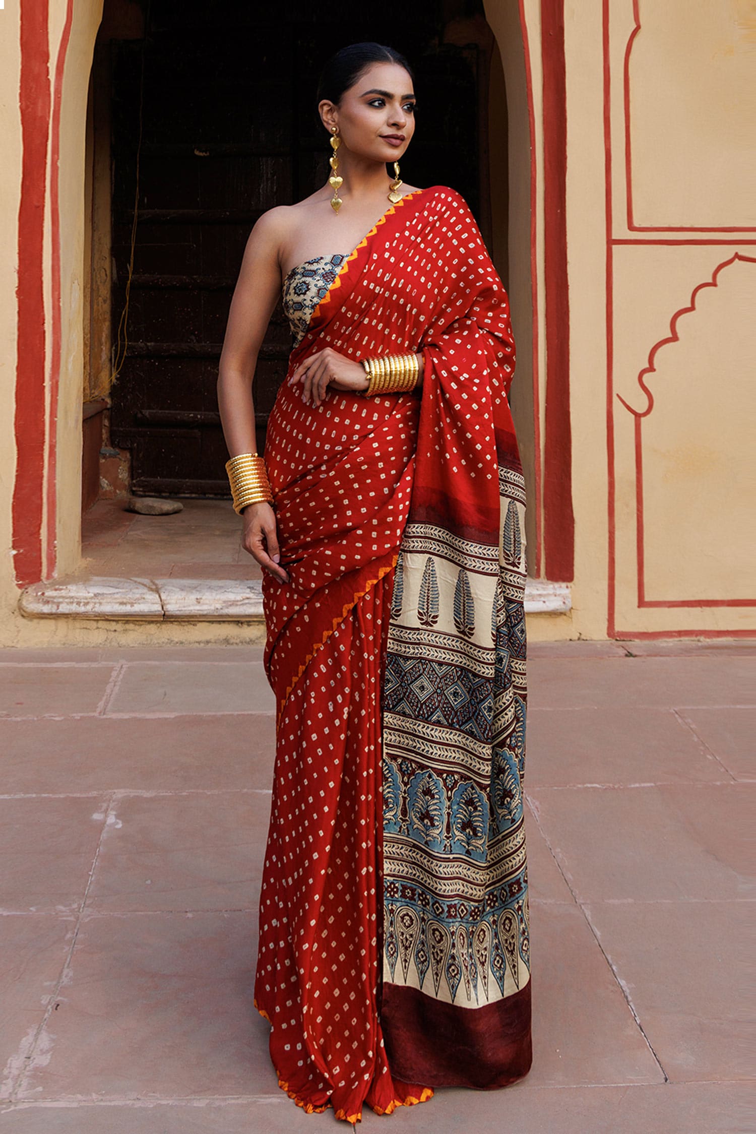 Buy Red Gajji Silk Hand Block Print Bandhani Saree With Unstitched Blouse Piece For Women by ...