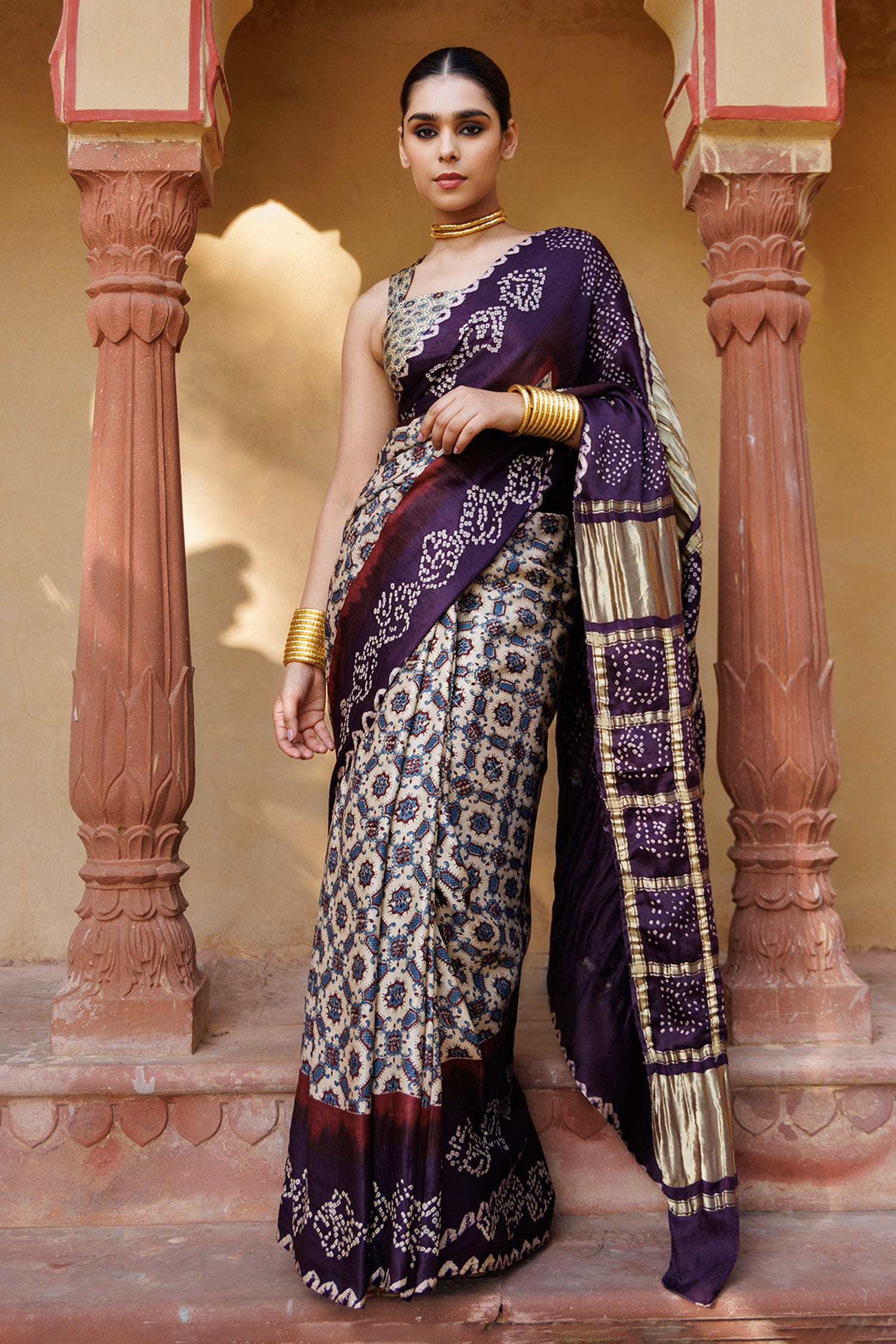 Buy Wine Gajji Silk Gharchola Pallu Saree With Unstitched Blouse Piece For Women by Geroo Jaipur ...