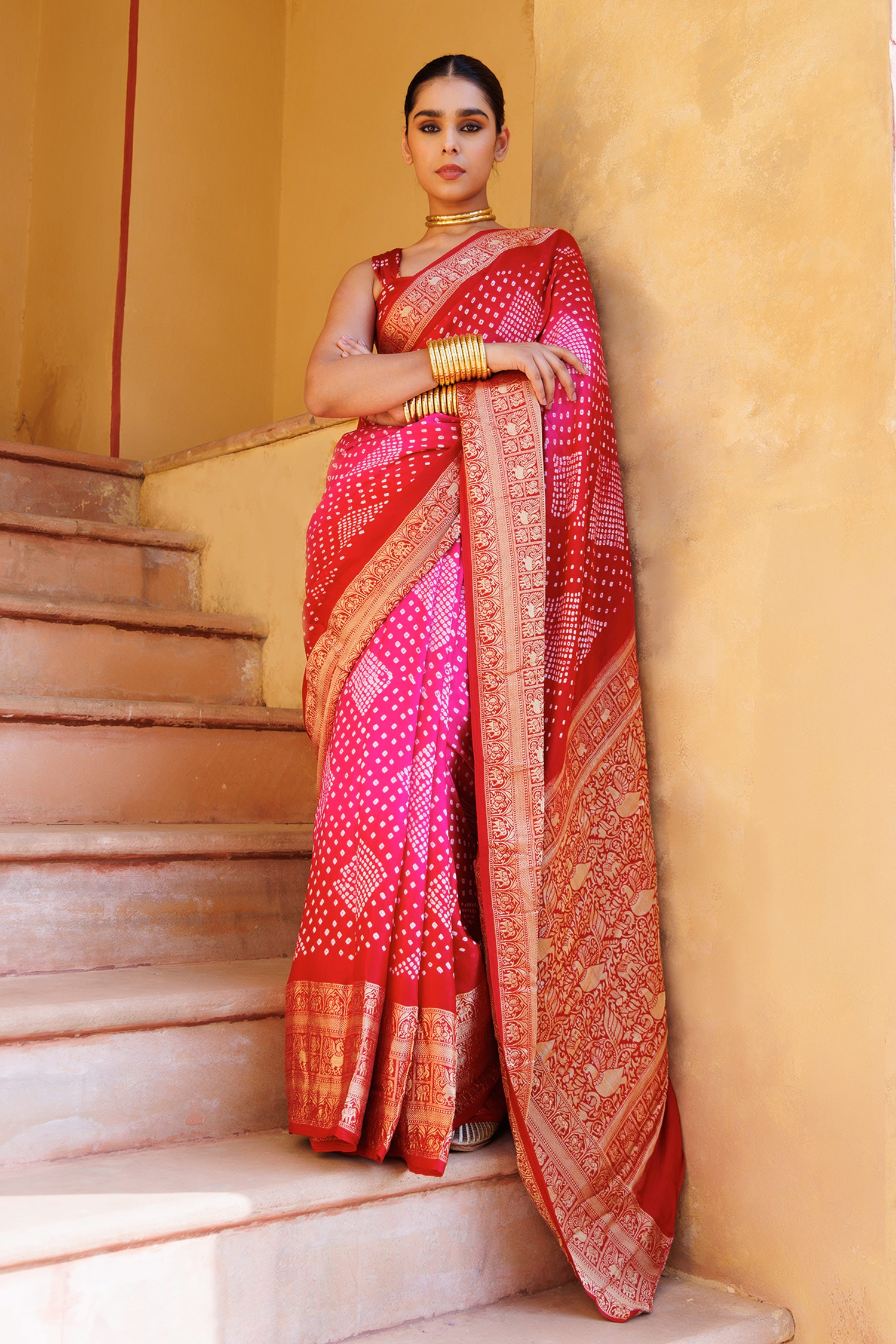 Buy Red Gajji Silk Woven Kanjivaram Saree With Unstitched Blouse Piece For Women by Geroo Jaipur ...