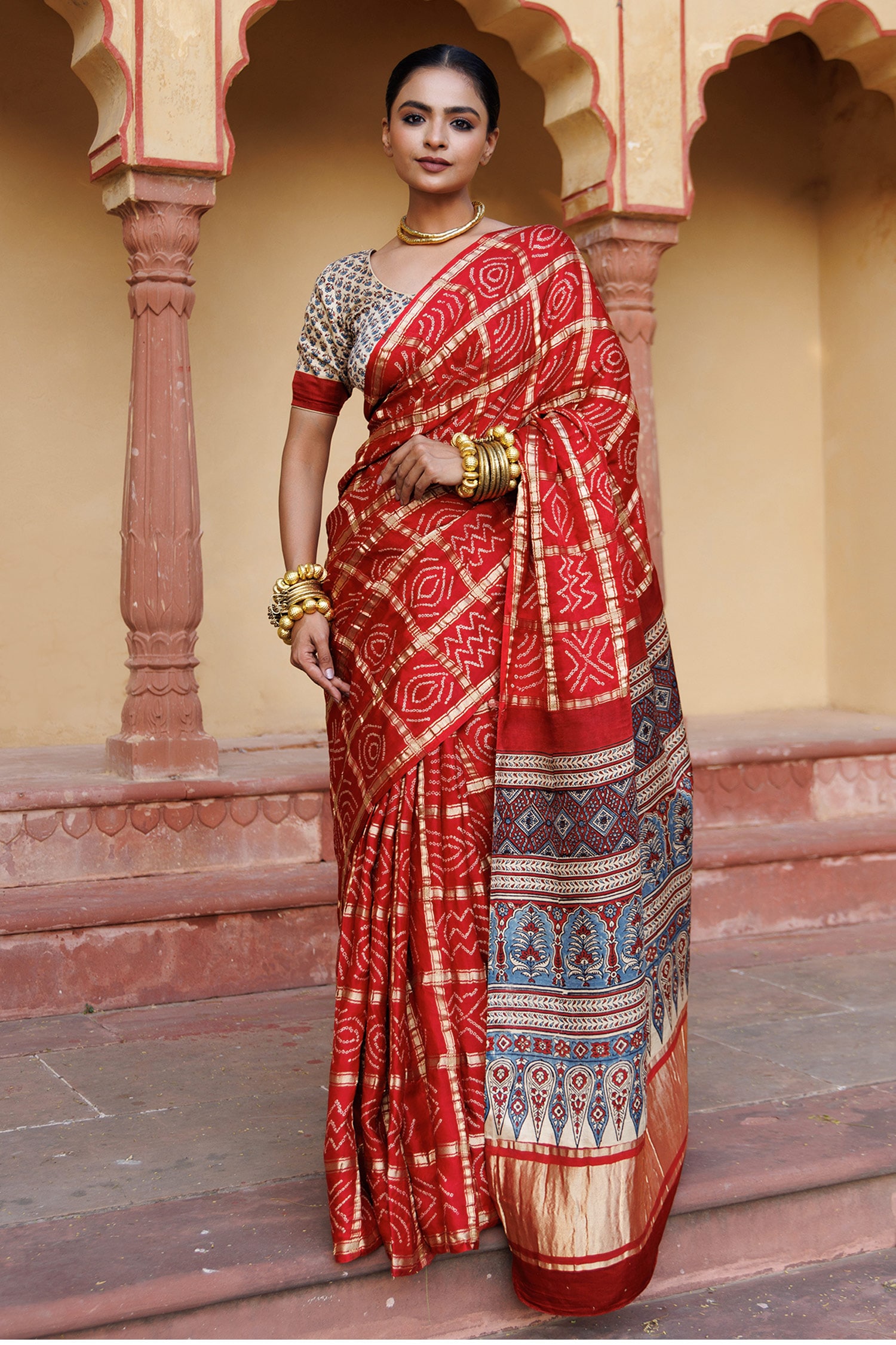 Buy Red Gajji Silk Gharchola Pattern Saree With Unstitched Blouse Piece For Women by Geroo ...