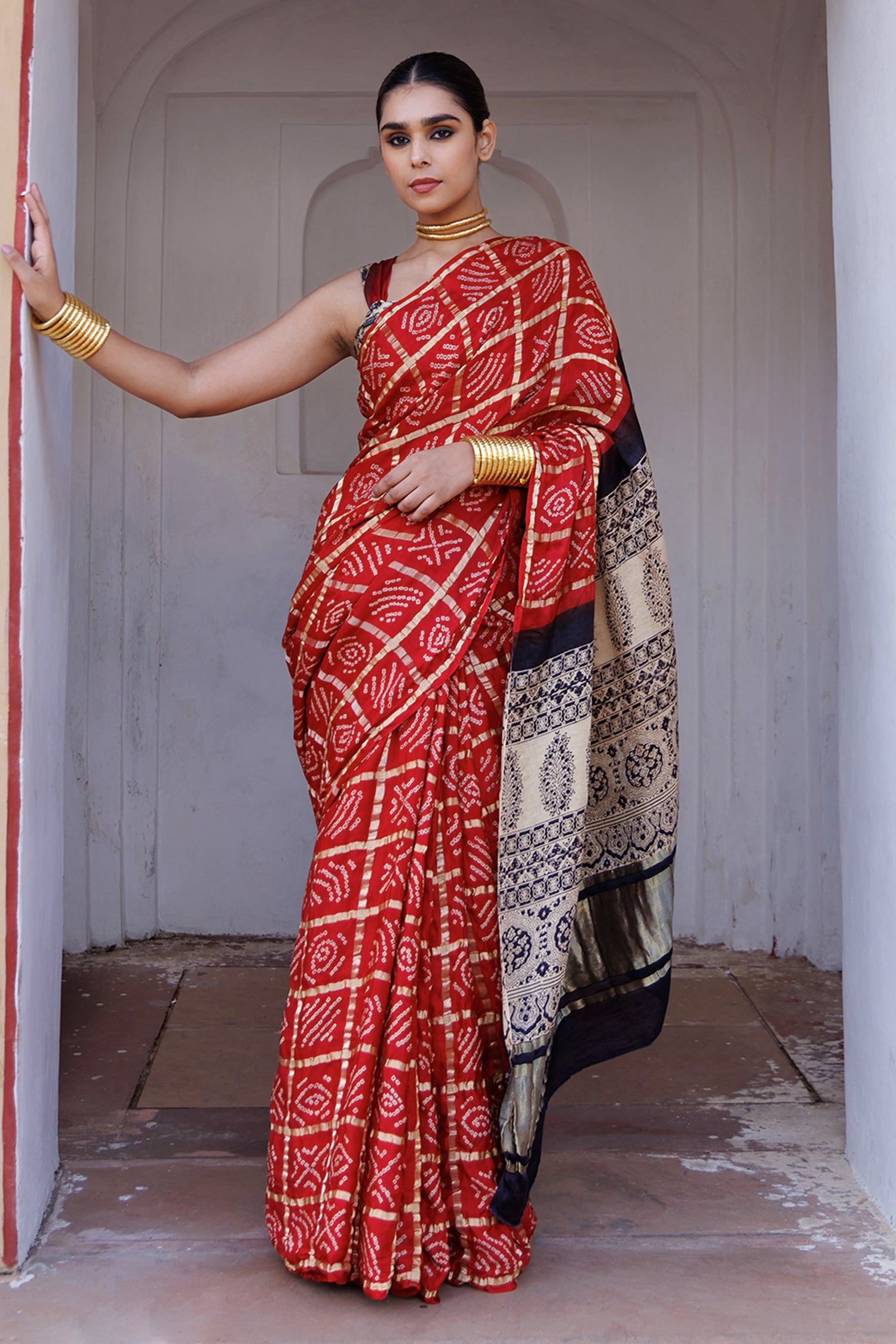 Buy Red Gajji Silk Woven Gharchola Saree With Unstitched Blouse Piece For Women by Geroo Jaipur ...