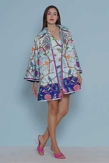Buy Blue Scallop Textured Satin Printed Floral Shirt Seri Vine Jacket ...