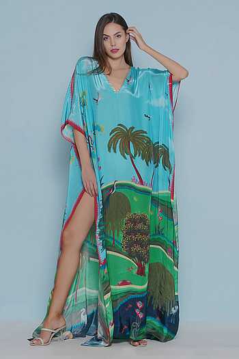 Buy Blue Crepe Print Tropical Scene V Neck Zinnia Kaftan For Women by ...