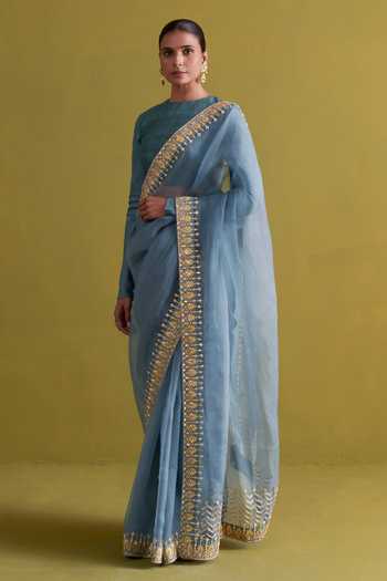 Buy Blue Organza Wildflora Embellished Border Saree Blouse Set For ...