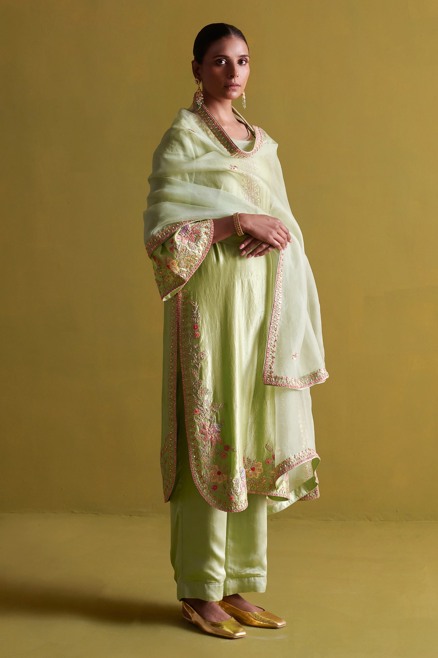 Buy Green Kora Silk Embroidery French Rafflesia Dabka Kurta Palazzo Set ...