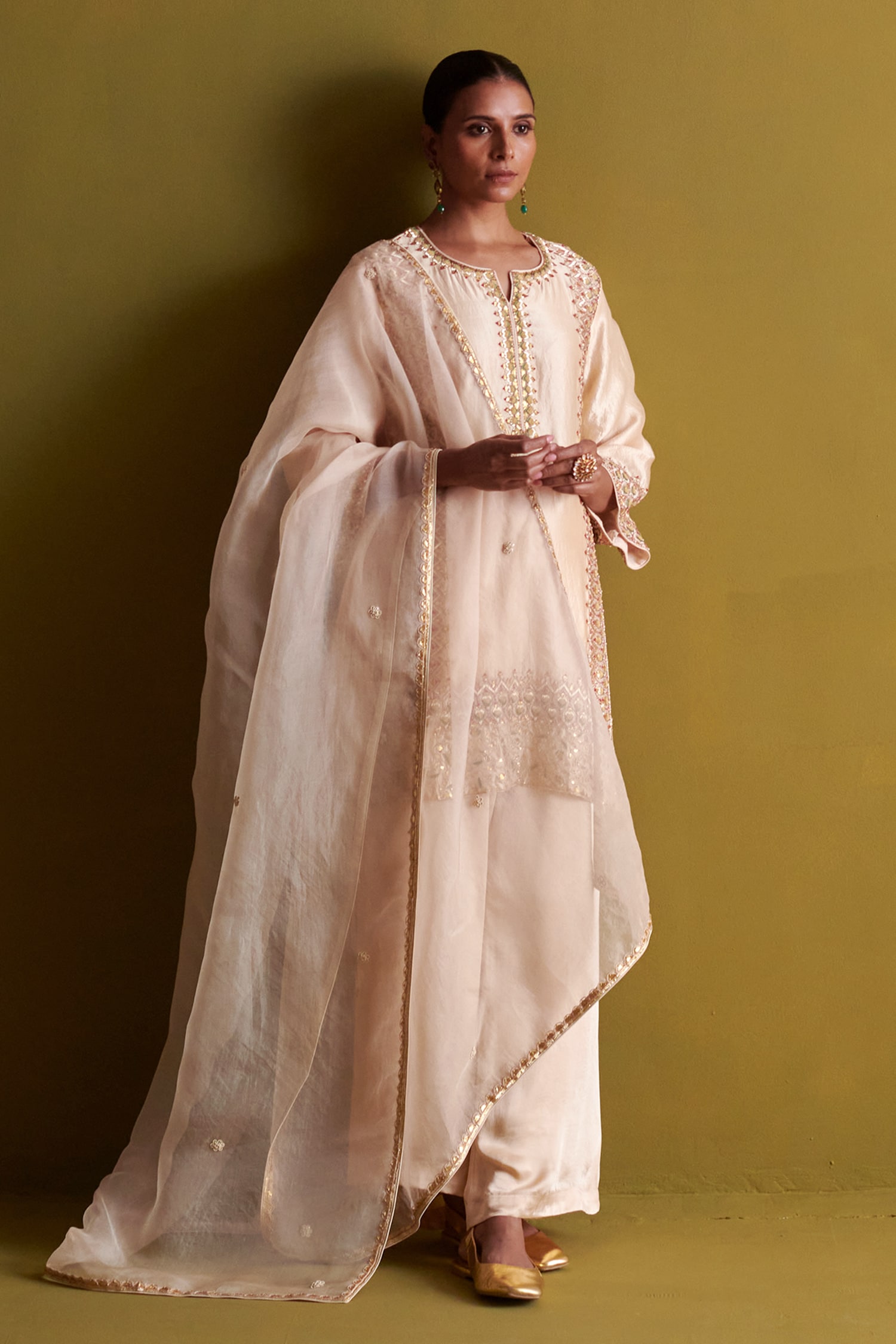 Buy Beige Kora Silk Embroidery Persian Fleur Dabka Kurti Palazzo Set ...