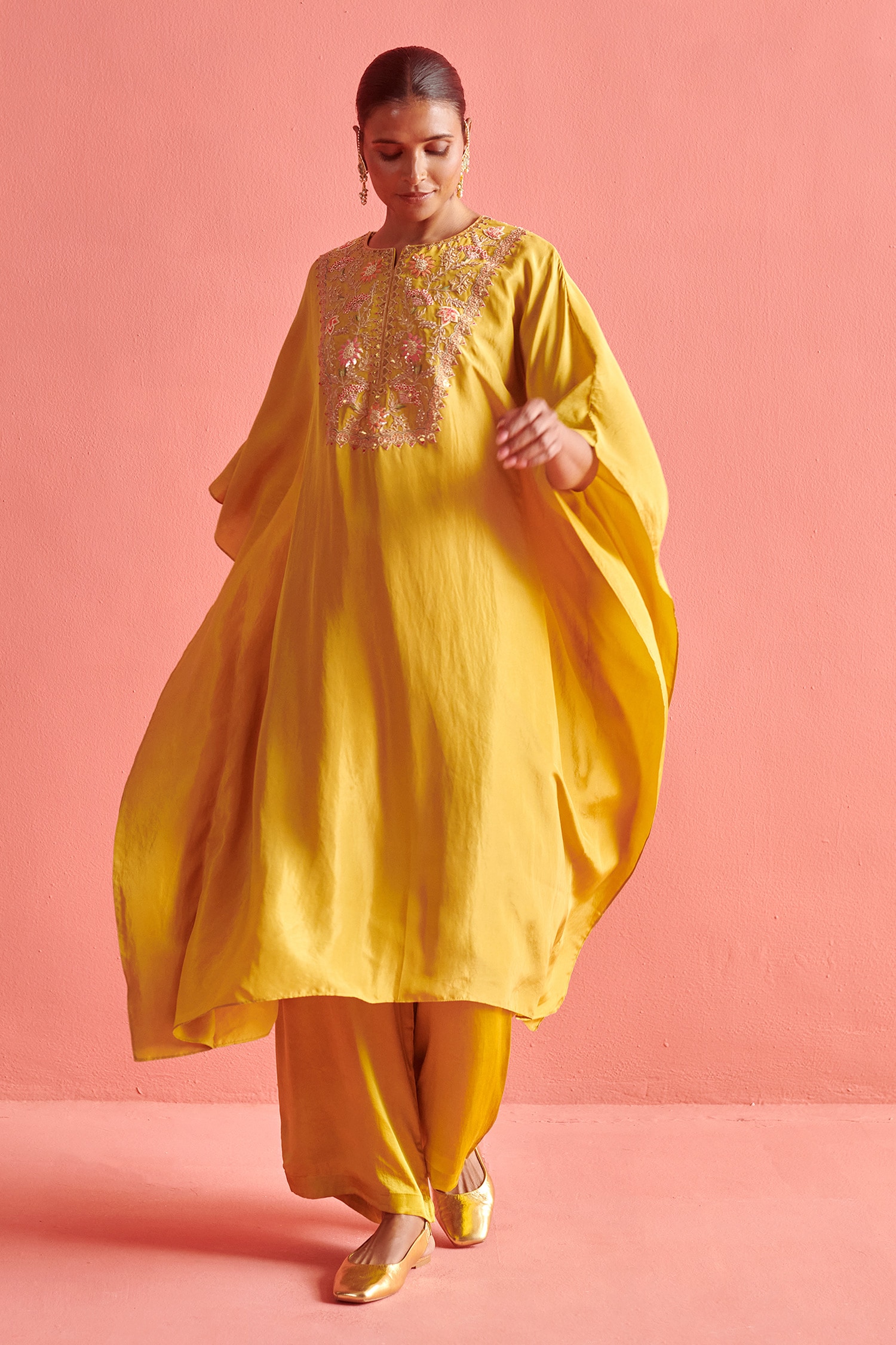 Buy Yellow Kora Silk Petunia Mukaish Thread Work Yoke Kaftan With ...
