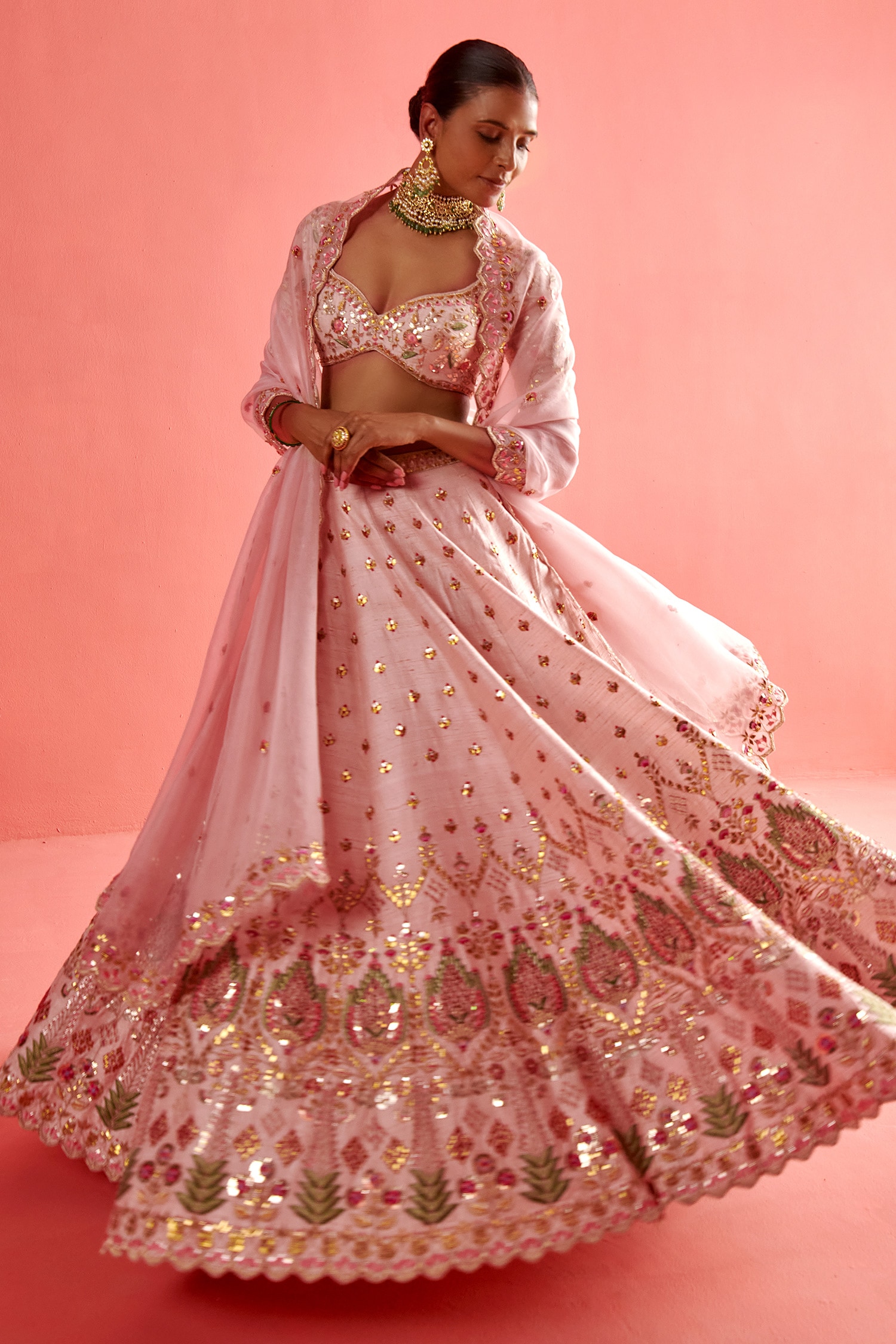 Buy Pink Organza; Lining: Shantoon Camellia Mukaish Thread Work Dupatta ...