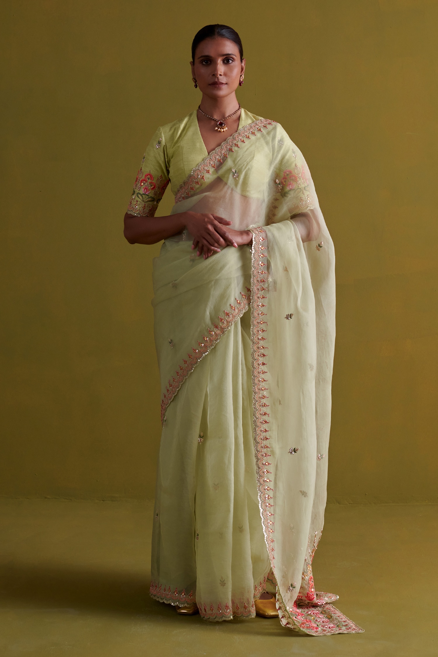 Buy Green Raw Silk Embroidery Dabka Moonflower Mukaish Thread Work ...