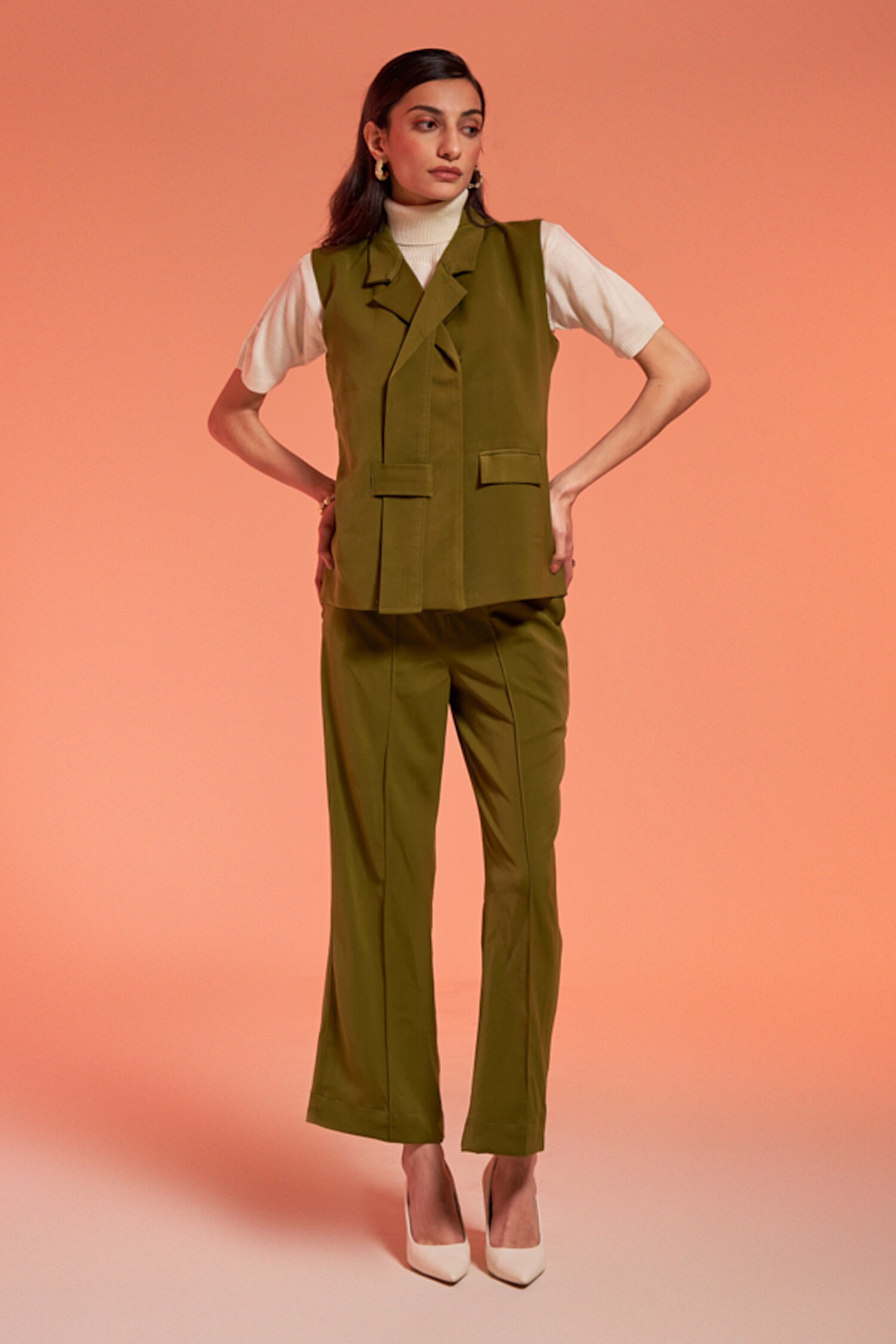 Buy Green Banana Crepe Plain Notched Penelope Blazer And Pant Co-ord ...