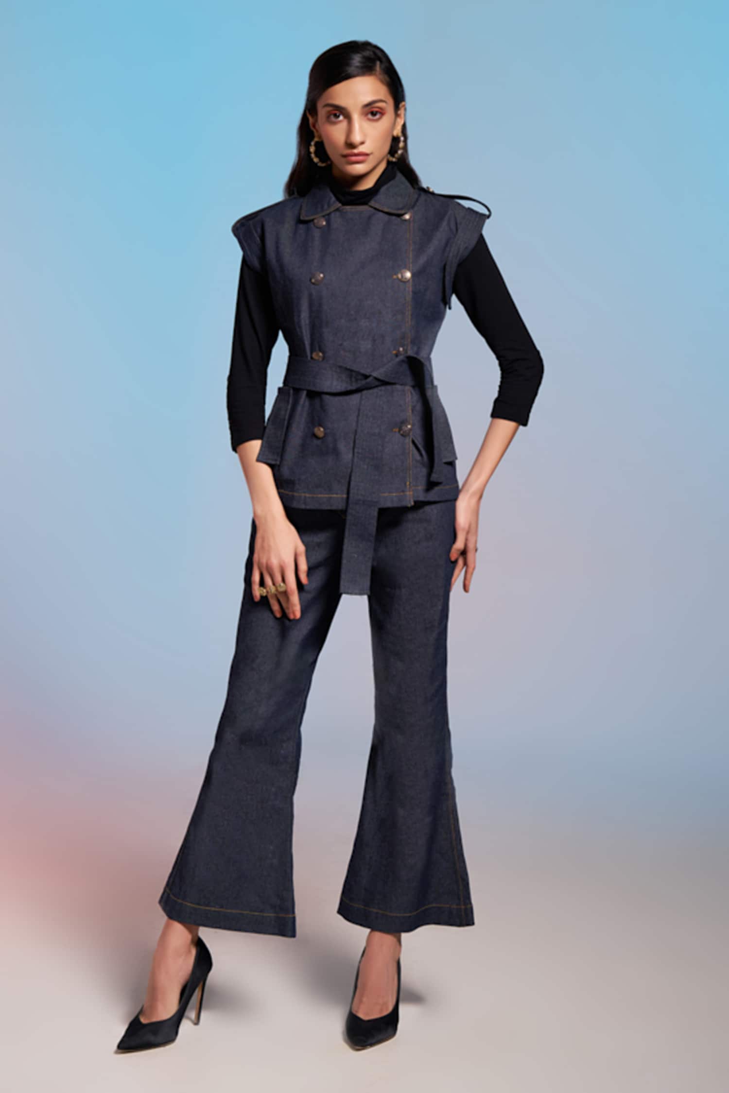 Buy Blue Denim Plain Collar Daphne Jacket And Pant Co-ord Set For Women ...