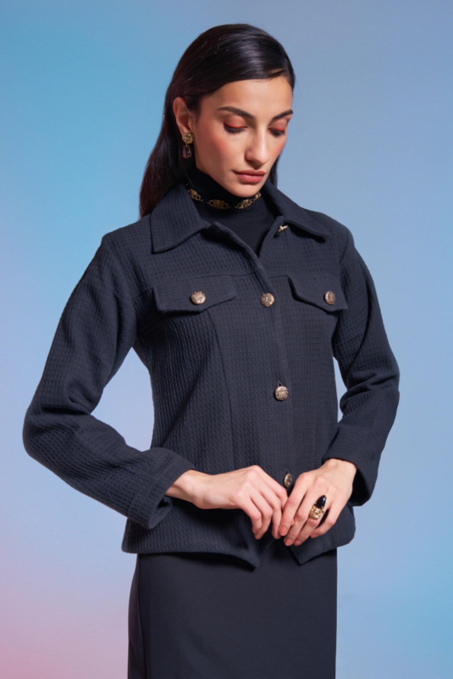 Buy Black Bouckle Textured Collar Casa Jacket For Women by Enness ...