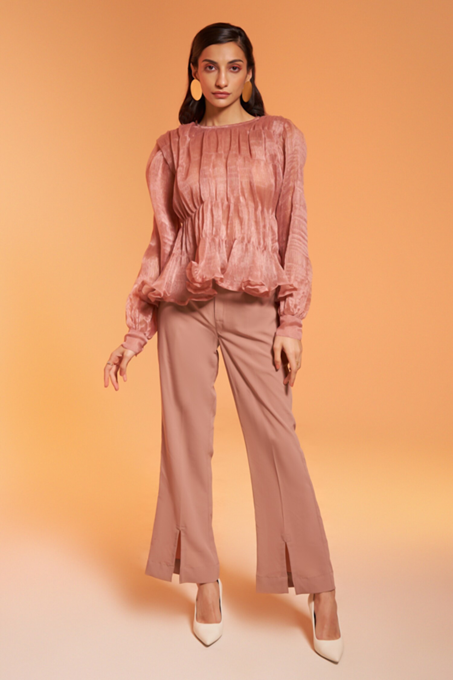 Buy Peach Organa Textured Round Evera Ruched Top And Slit Pant Co-ord ...