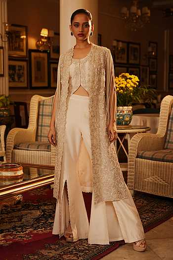 Buy Off White Silk/organza Hand Jacket And Slit Bell Bottom Pant Set ...