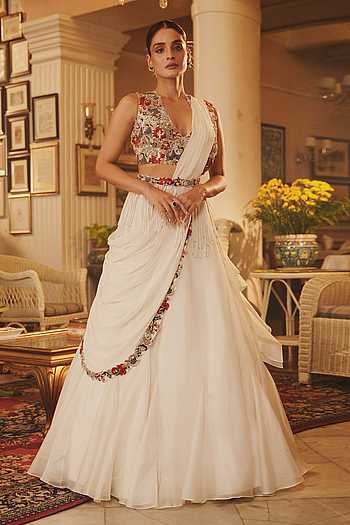 Buy Off White Organza/georgette Hand Embroidered Floral Blouse Lehenga ...