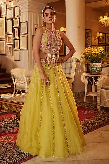 Buy Green Organza Hand Embroidered Floral Crew Neck Blouse And Lehenga ...