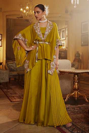 Buy Green Silk/organza Hand Embroidered Floral Kaftan: Notched And ...