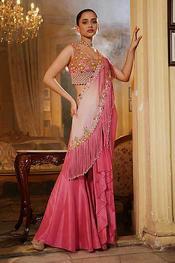 Buy Pink Silk/organza Hand Embroidered Tassel Drape Gharara Saree Set ...