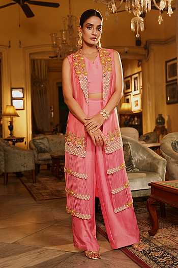 Buy Pink Silk Hand Embroidered Floral Jacket: Notched Lapel Dori Pant ...