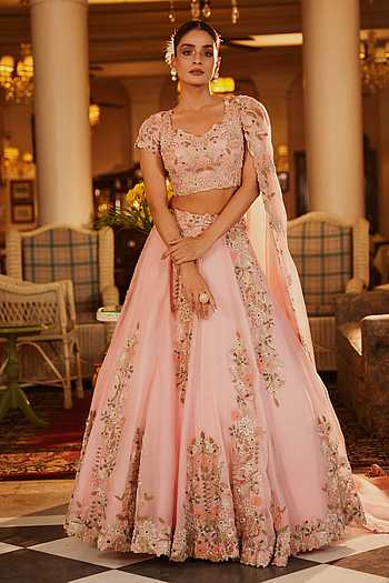 Buy Pink Organza Hand Embroidered Floral V Neck Lehenga Set For Women ...