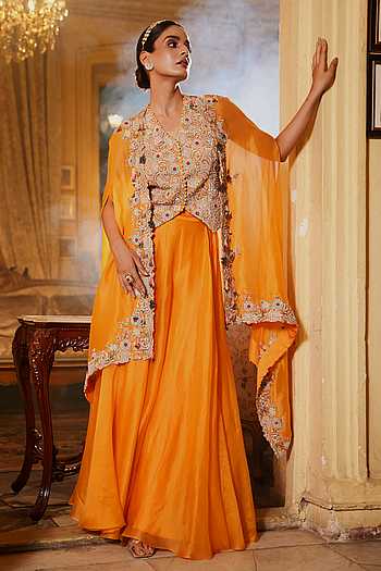 Buy Orange Organza Hand Embroidered Floral Waist Coat: Cape With ...