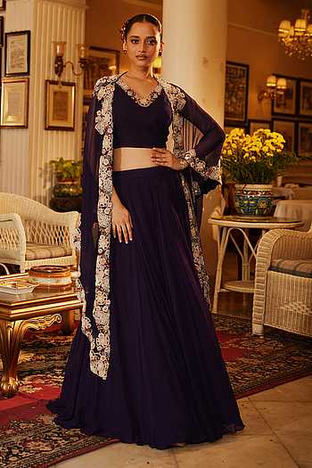 Buy Purple Georgette Hand Embroidered Floral Blouse: V Cape Lehenga Set ...