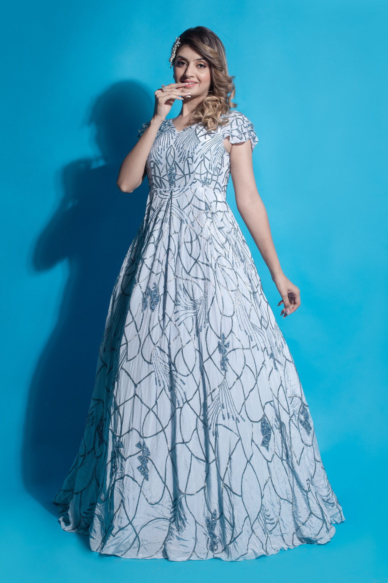 Buy White Shell 100% Nylon Mesh Embellished Cut Cosmic Nightfall Gown ...