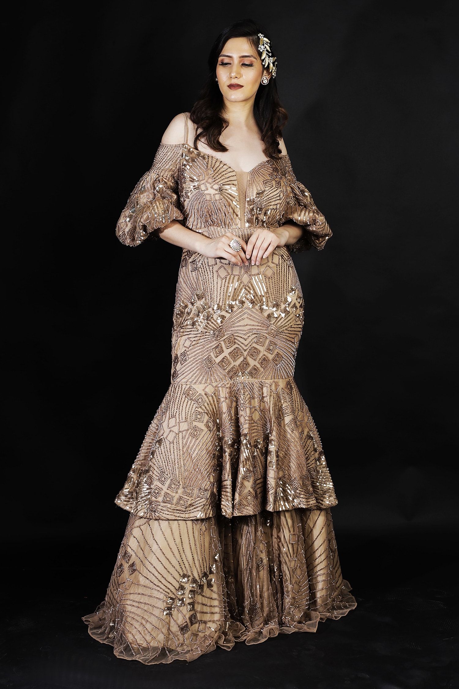 Buy Beige Shell: 100% Nylon Mesh Embellished Celeste Noir Mermaid Gown ...