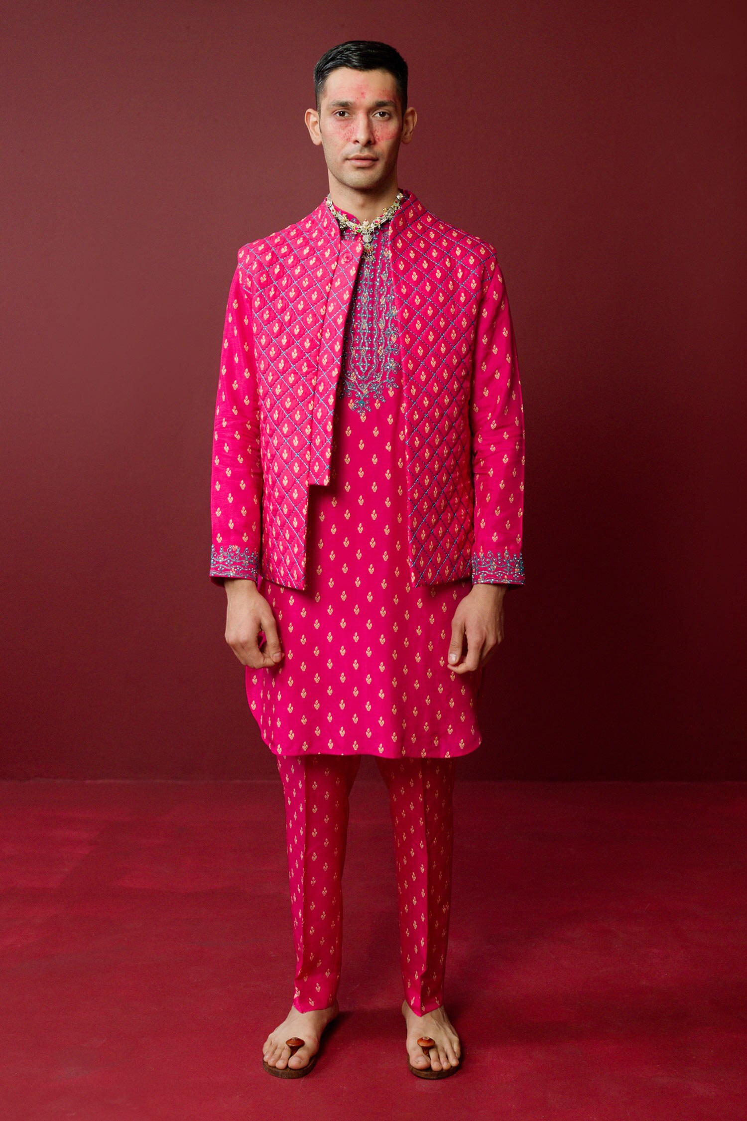 Buy Pink Viscose Raw Silk Embroidered Resham Devah Quilted Bundi For ...