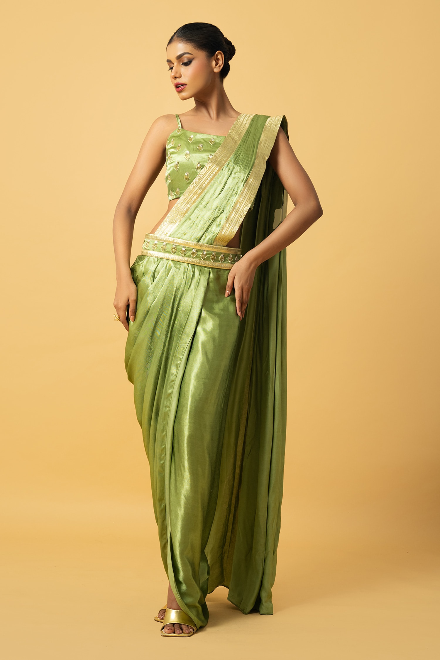 Buy Green Modal Satin Embroidered Lace Border Pre-draped Saree Blouse ...