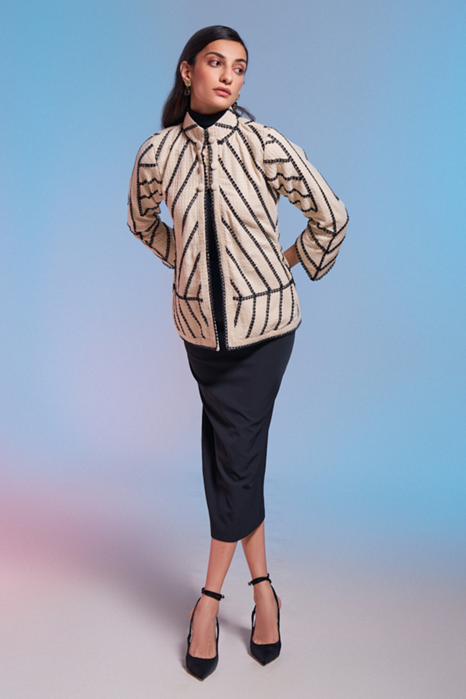 Buy White Boucle Embellished Lace High Neck Sylvie Jacket For Women by ...