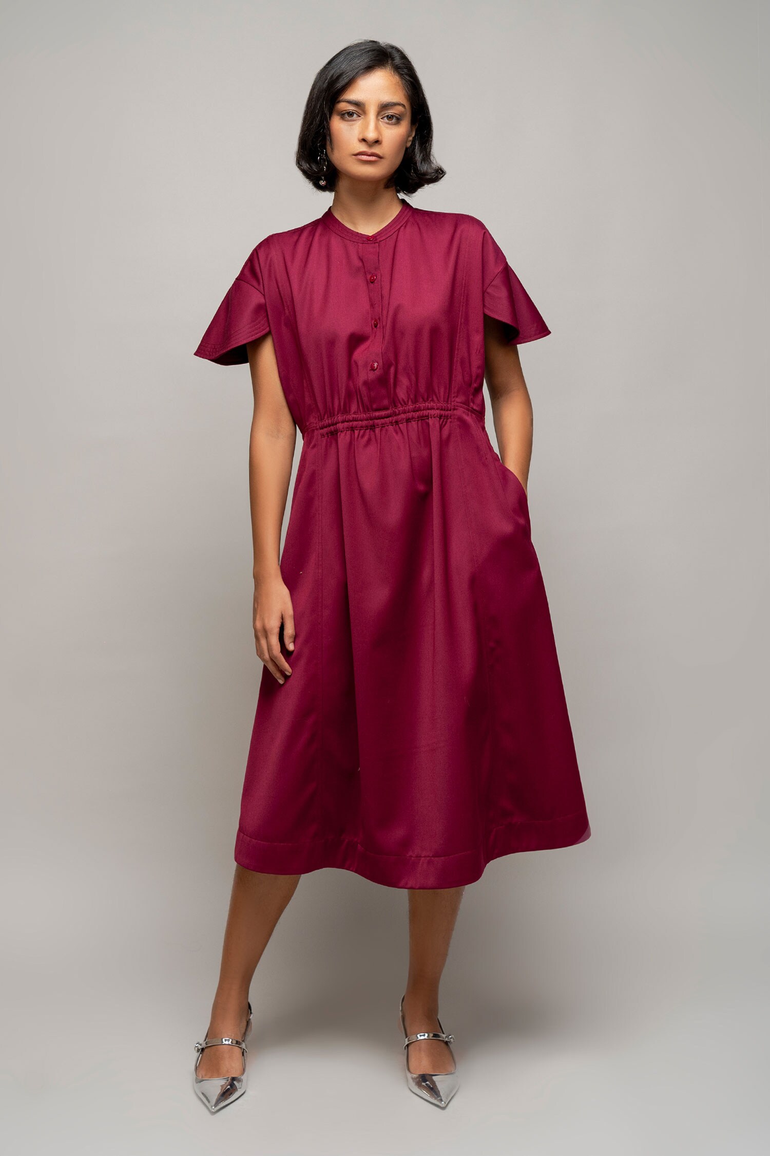 Buy Maroon 100% Viscose Mandarin Collar Ruffle Sleeve Midi Dress For ...