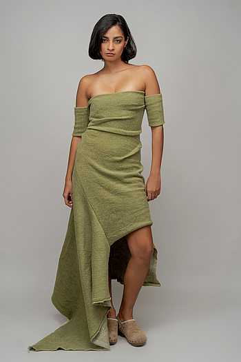 Buy Green 100% Wool Plain Off Shoulder Blanket Dress For Women by Leh ...