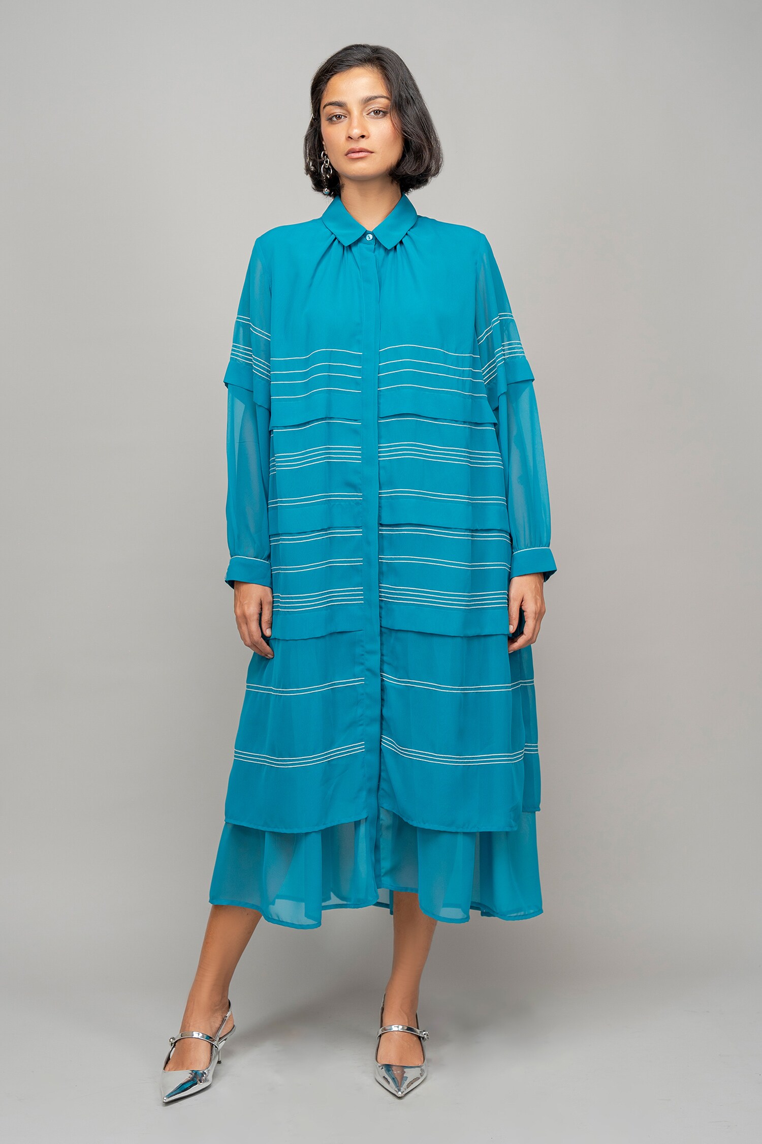 Buy Blue 100% Viscose Pleats Collar Double Layered Frilly Shirt Dress ...