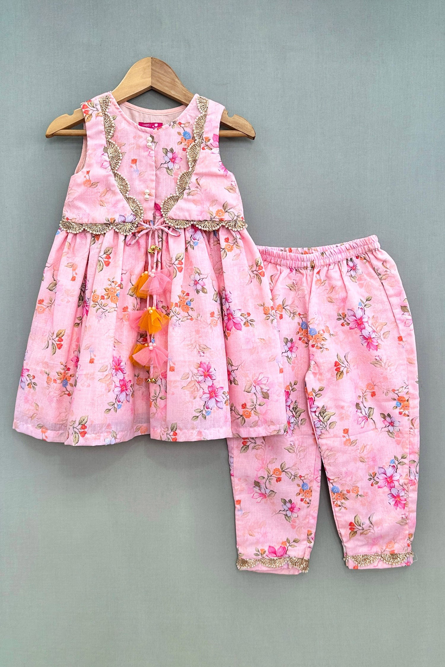 Buy Pink Cotton Printed Floral Blossom Kurta With Pant For Girls by ...