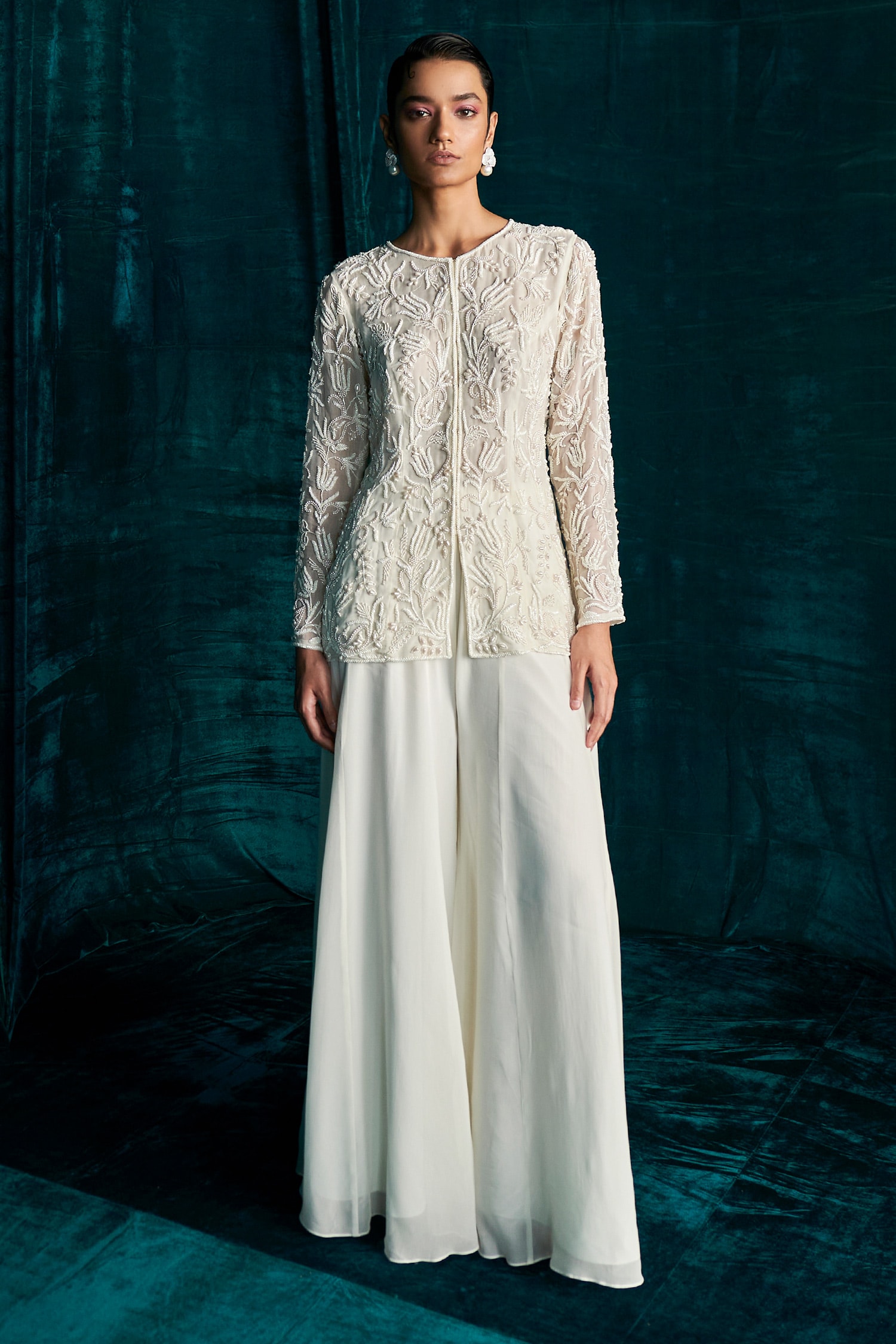 Buy Ivory Organza Embroidered Beads Round Neck Pearl Jacket And Palazzo ...