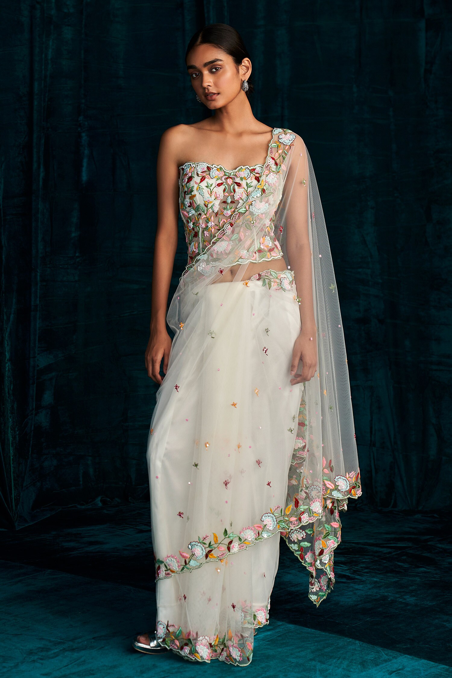 Buy White Net Embroidered Resham Sweetheart Neck Saree And Corset ...