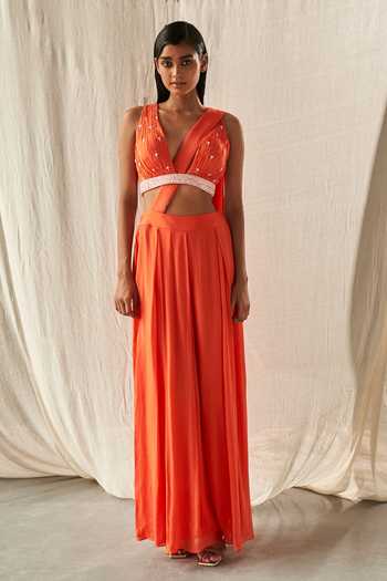 Buy Orange Chinon Chiffon Embroidered Cut Dana And Blouse & Pant Saree ...