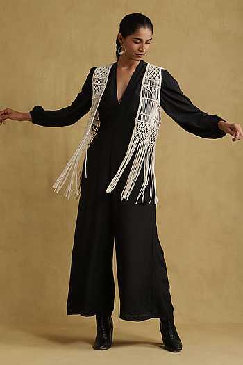Buy White Cotton Embroidery Macrame Open Neck Shrug For Women by Ritu ...