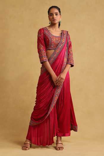Buy Pink 100 % Viscose Draped Pant Saree Set With Floral Blouse For ...